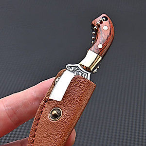 SZHOWORLD Ultra Small Fixed Blade Knife, 1.57 inch 5Cr Stainless Steel Blade with Brass+Colored Wood Handle, Mini Knife/Box Cutter with Leather Sheath for EDC Gift Collection Cutting