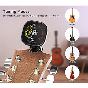 Wegrower Guitar Tuner Rechargeable, Clip On Tuner with LCD Color Display with Guitar, Ukulele, Violin and Chromatic Tuning Modes, Tuners for Musical Instruments
