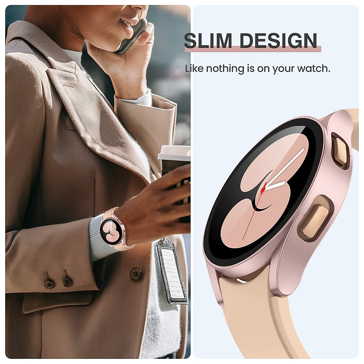 Tensea [2Pack for Samsung Galaxy Watch FE 2024/5 2022/4 2021 Screen Protector Case 40mm Accessories, Protective Face Cover Built-in Tempered Glass Film Bumper Case (40mm, Pink Gold)