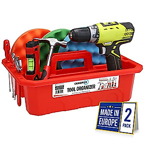 CANOPUS Storage Tray Tote with Functional Holes 2 PCs Plastic Cleaning Caddy with Handle, Portable Cleaners Caddy, Undersink Storage for Kitchen, Shoe Cleaning Box, Cleaning Products Organizer, Red