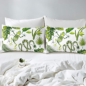 Kids Frog Duvet Cover for Boys Girls Tropical Palm Leaf Comforter Cover Green Rainforest Snake Animal Bedding Set Botanical Leaf Branches Bedspread Cover Room Decor Full Size Bedclothes Zipper
