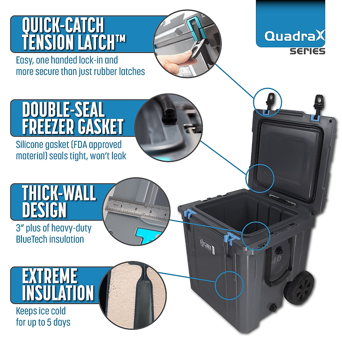 Cubix Outdoors QuadraX 46QT Wheeled Rotomolded Portable Hard Cooler for Camping, Fishing, Beach | Heavy Duty Insulated Ice Chest with Wheels and Handle | Cold Retention 5 Days