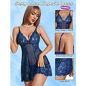 Avidlove Babydoll Lingerie for Women Slutty Deep V Neck Lingerie Dress Cute Lace Chemise(Blue,Medium)