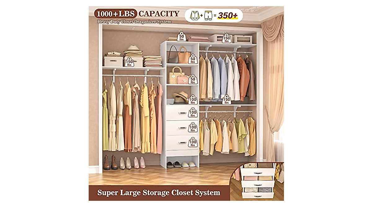 Armocity 96 Inches Closet System, 8FT Walk In Closet Organizer with 3 ...