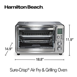 Hamilton Beach 6-in-1 Sure Crisp Air Fryer Toaster Oven Combo & Electric Indoor Grill, 450 F Searing Temp, Bake, Broil, Toast and Pizza Function, .88 cu. ft., 6 Slice Capacity, Stainless Steel (31395)