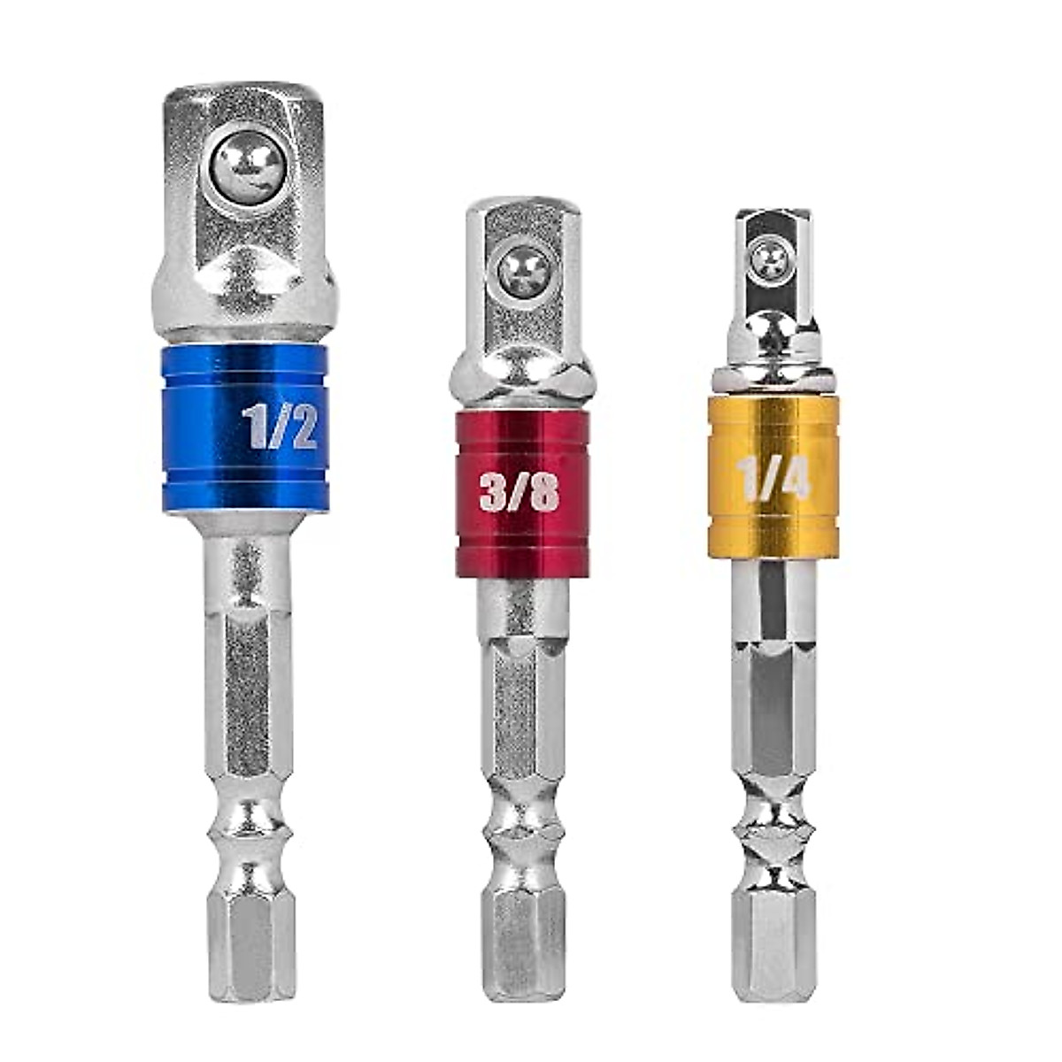 MAEXUS Impact Grade Socket Adapter Extension Set, Turns Power Drill Into High-Speed Nut Driver, 1/4" 3/8" 1/2" Drive, Socket to Drill Adapter for Impact Drivers (3 Pcs)