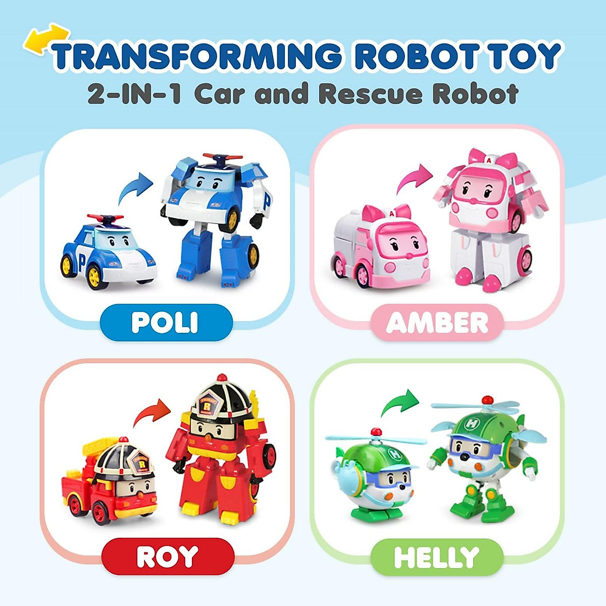 Robocar Poli 4 Pack Poli + Amber + Roy + Helly Transforming Robot Toys, 4" Transformable Action Figure Toy, Emergency Vehicle Playset, Holiday Birthday Rescue Car Toys Gift for Boys Girls Age 1-5