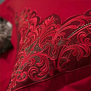 BONOOL 4-Piece Bed Sheet Set Duvet Cover Set Egyptian Cotton Lace Wedding Set 4 Pieces Red King Queen Size Bedclothes Cover Set Pillowcases Luxury Set (Size : Queen) (King)