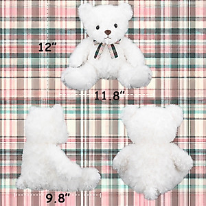 WEIGEDU Fluffy White Teddy Bear Stuffed Animals Plush Toys with Lattice Tie for Kids Babies Birthday Bedtime, 12 inches