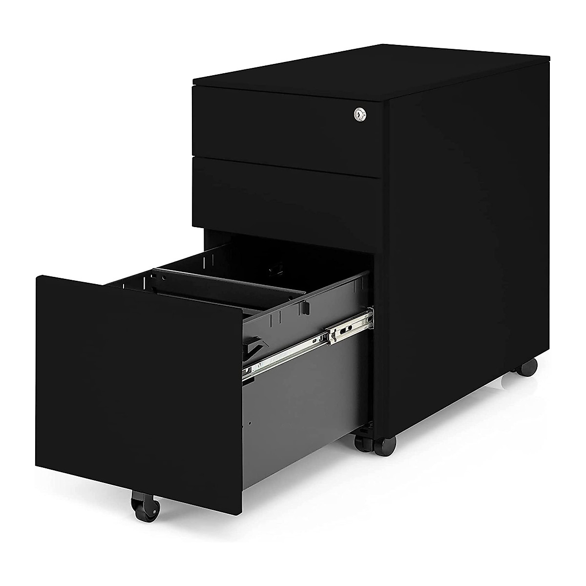 Sanoolir Locking File Cabinet 3 Drawer, Mobile File Cabinet on Wheels Under Desk fits Legal/Letter/A4 Size for Home/Office (Black)