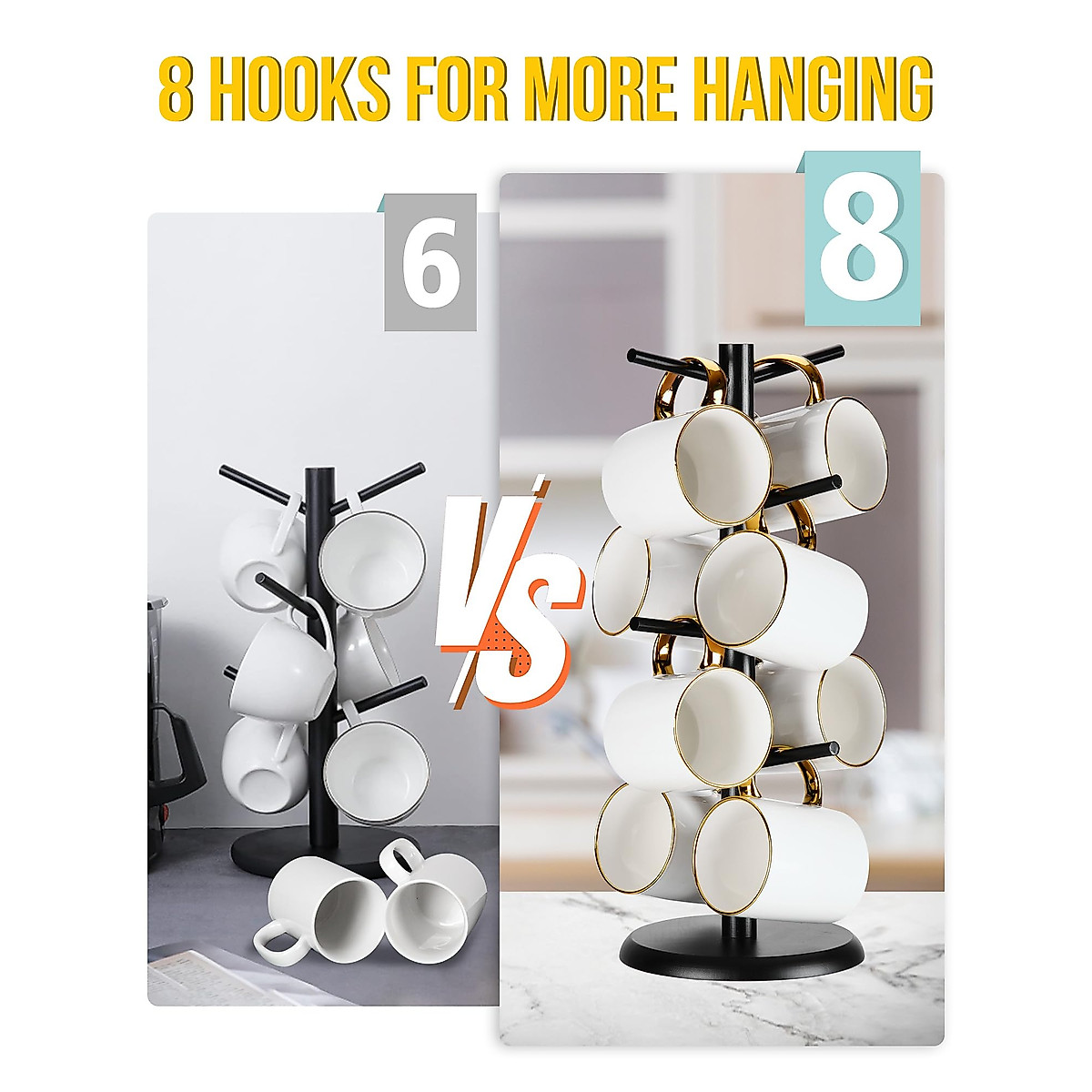 Lorbro Coffee Mug Tree with 8 Hooks, Mug Tree Stand, Bamboo Coffee Cup Holder, Countertop Mug Tree, Mug Stand Kitchen Organizer, Cafe Accessories Decor & Kitchen Organizer Storage Stand (Black)