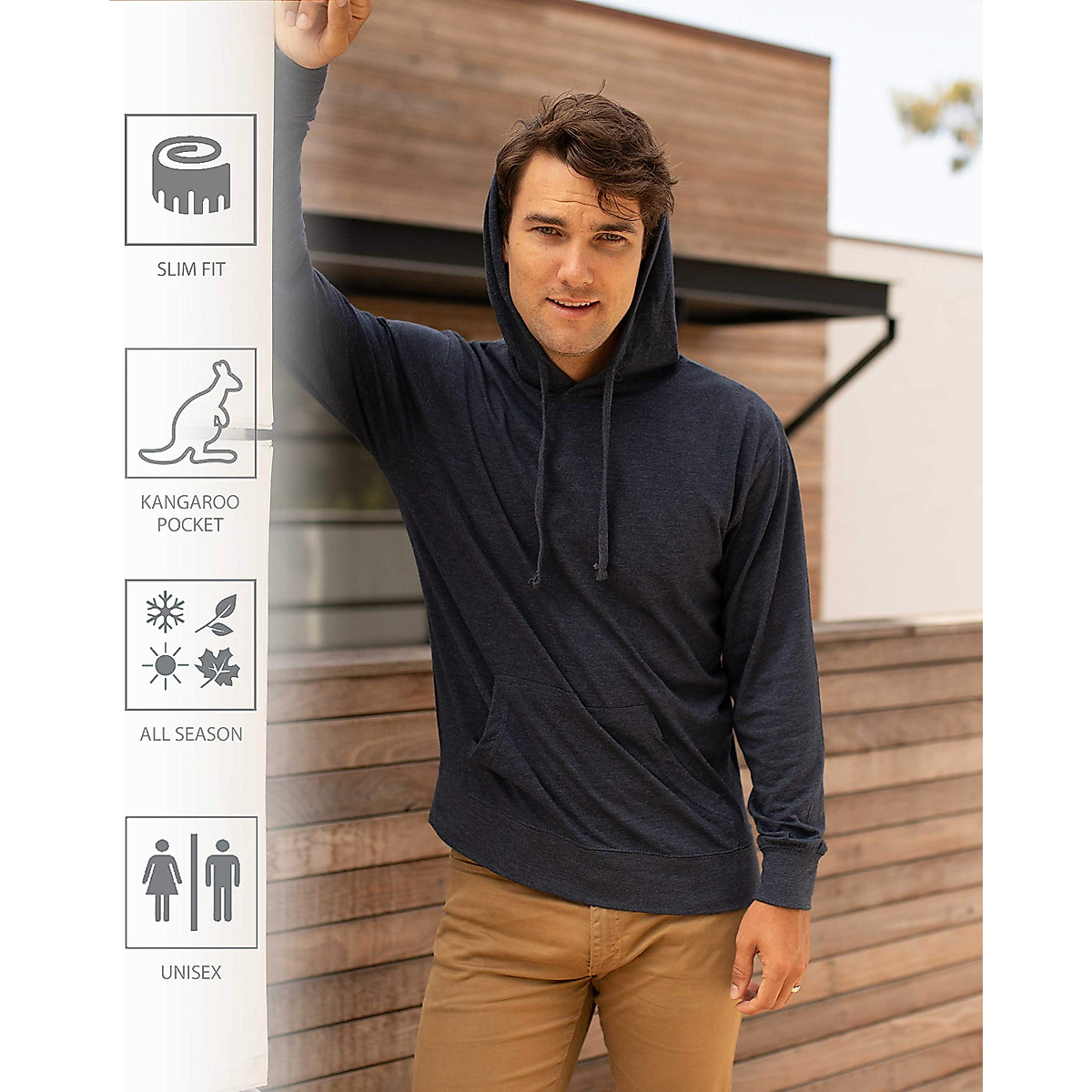 Global Blank Lightweight Hoodie for Men Long Sleeve Pullover Sweatshirt Mens Active Hoodies, Dark Grey, Medium