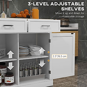 HOMCOM Rolling Kitchen Island with Drop Leaf Wood Breakfast Bar, Farmhouse Kitchen Cart with 2 Drawers, Adjustable Shelves for Dining Room, White