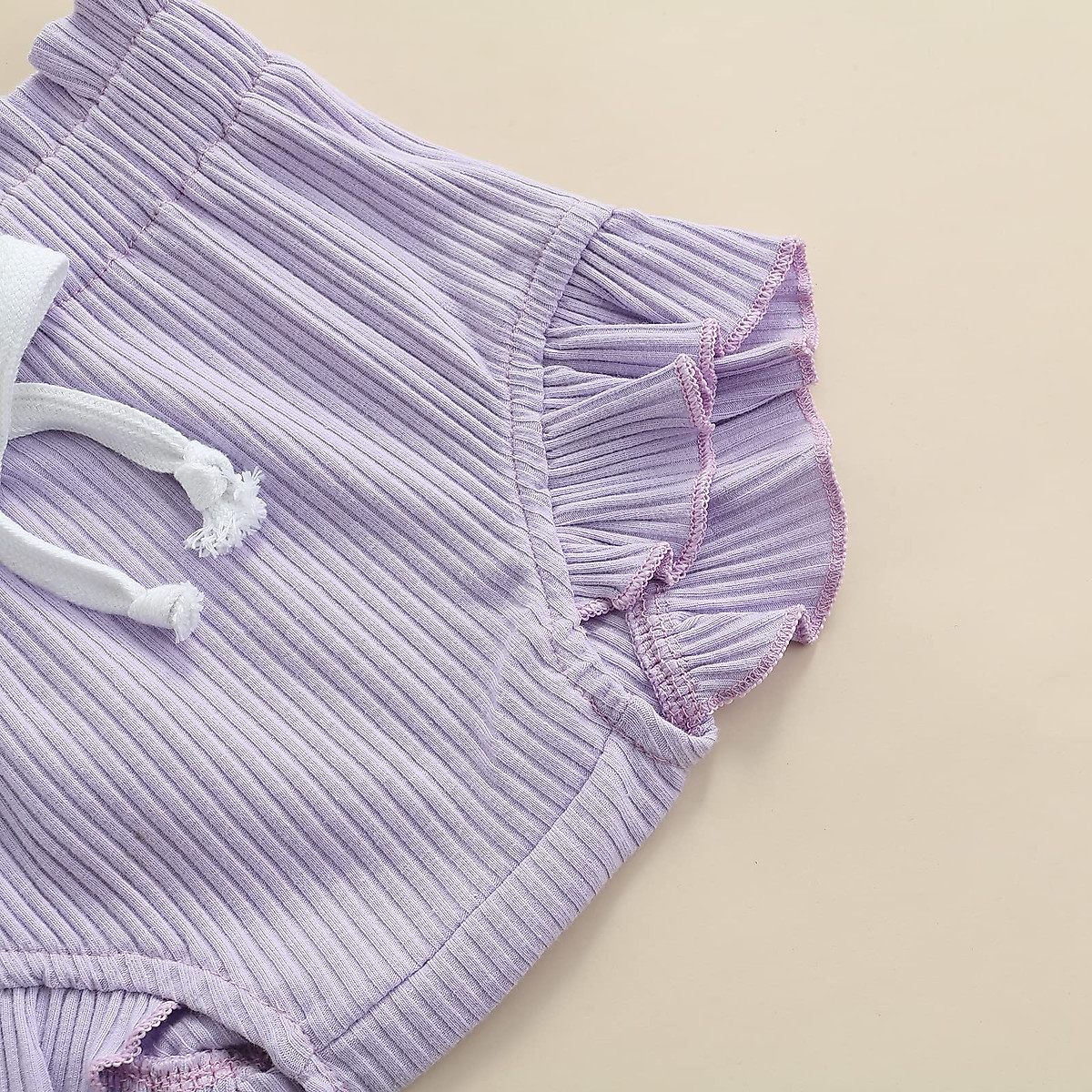 Toddler Baby Girl Summer Short Clothes Ribbed Ruffle Sleeve Tops+Elastic Drawstring Short Pants Two Piece Solid Outfit Set (A-Purple, 12-18 Months)
