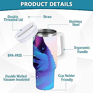 Nexawaveo Blue Hued Cat Tumbler With Handle And Straw 30-40oz Insulated Tumbler Cups With Lid Stainless Steel for Cold Water and Drinks for School Work Sports Car Travel and Weekends