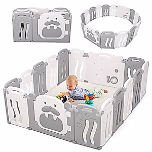 Baby Playpen, Ronipic Foldable Baby Playpen for Babies and Toddlers, Sturdy Safety Baby Fence with Gate, Kids Activity Centre,Shape Adjustable, Large Baby PlayYard with Anti-Slip Base (16 Panels)