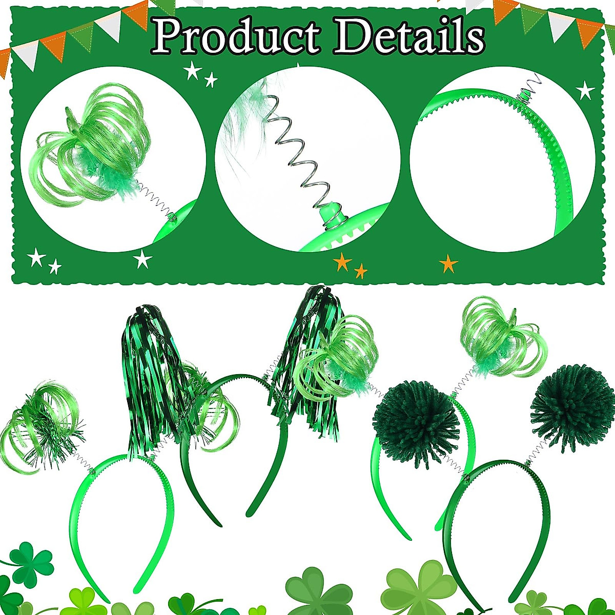 Censen 24 Pcs Pom Pom Headband Tinsel Wrapped Ponytails Head Bopper Headwear Hair Accessories Party Costume(Green)