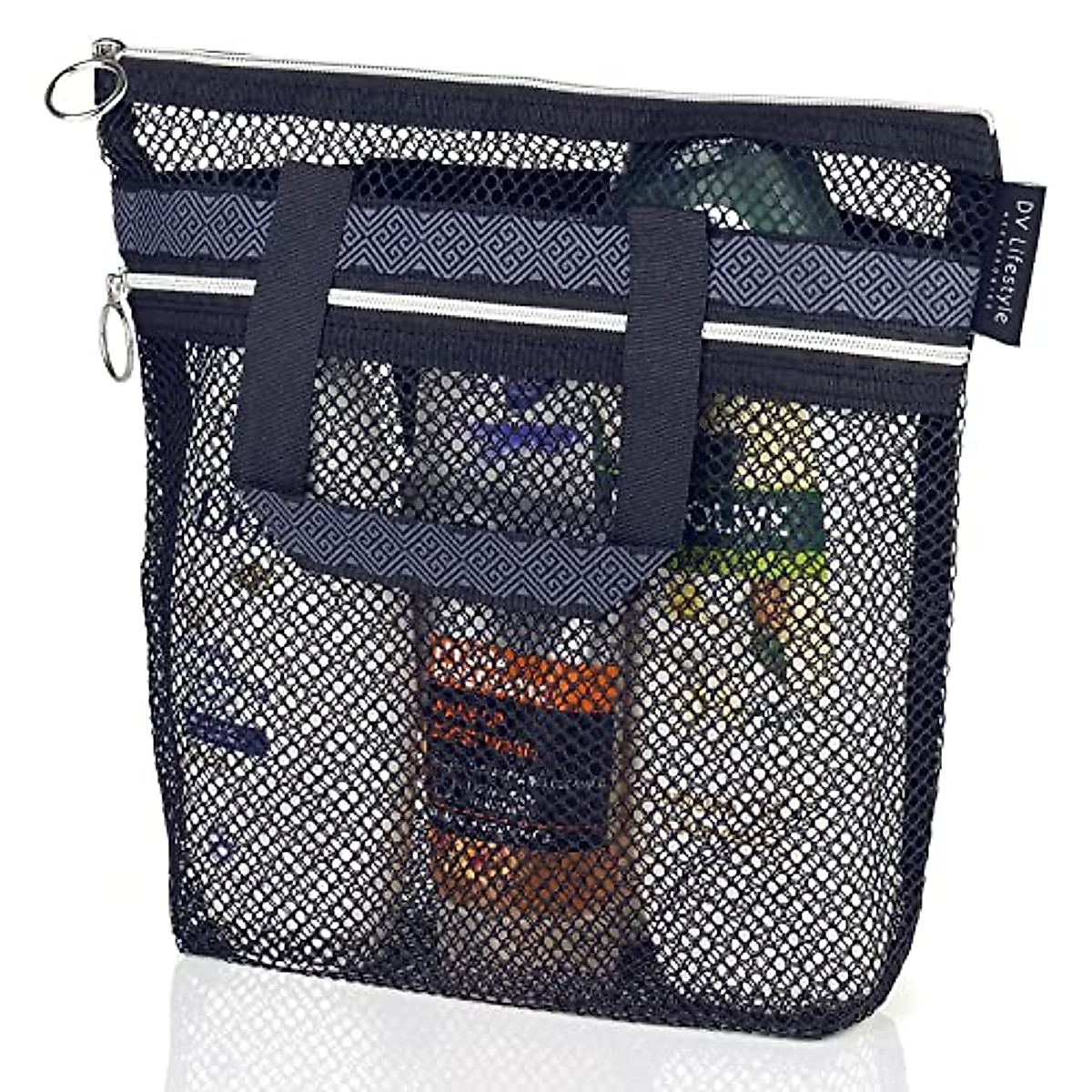 Mesh Shower Caddy 10.2x9.9'' Quick Dry Shower Bag with Zipper & 2 Pockets. Portable Shower Tote, Ideal for Gym, Travel, Camp, Beach, for Sunscreen, or as part of College Essentials (Black)