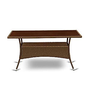 East West Furniture Oslo 7 Piece Outdoor Wicker Patio Furniture Sets Consist of a Rectangle Bistro Table with Glass Top and 6 Balcony Armchair with Cushion, 36x60 Inch, Brown