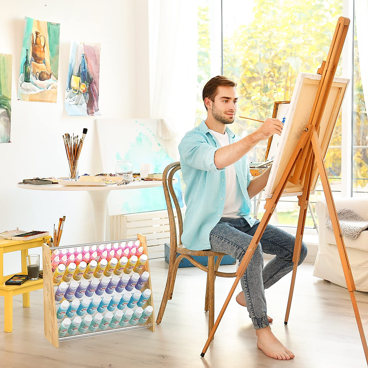 Acrylic Paint Organizer Rack for 60 Bottles, 5 Tiers Bamboo Craft Hobby Paint Holder Storage Paint Rack Display Stand, Pigment Organizer Holder Ink Bottle Stands for Miniature Paint Set