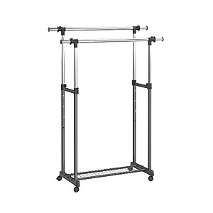 ClosetMaid Double Rail Portable Rolling Garment Rack with Shoe Shelf, Adjustable Rod Width and Height, Black/Chrome