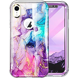 Hocase for iPhone XR Case, (with Built-in Screen Protector) Shockproof Soft TPU+Hard Plastic Rugged Slim Cute Stylish Full Body Protective Case for iPhone XR 6.1" 2018 - Watercolor Marble