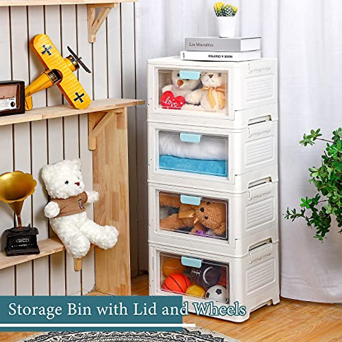 Berlune 23 Quart Stackable Storage Bins with Double Doors 15 x 11 x 9.8 In, Collapsible Plastic Storage Bins Foldable Lidded Storage Boxes with Wheels for Room Book Toy Organization (6 Pieces)