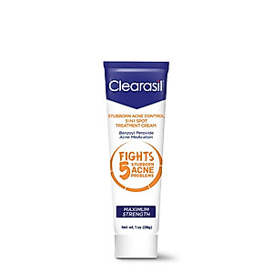 Clearasil Stubborn Acne Control 5 in 1 Spot Treatment Cream, Maximum Strength, Benzoyl Peroxide Acne Medication, Fights Blocked Pores, Pimple Size, Excess Oil, Acne Marks & Blackheads, 1 oz.