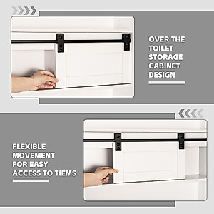 SULIVES Over The Toilet Storage with Cabinet, Sliding Barn Door, Side Storage Open Rack, Mass-Storage Over Toilet with Hooks Bathroom Organizer for Bathroom, Restroom, Laundry, White