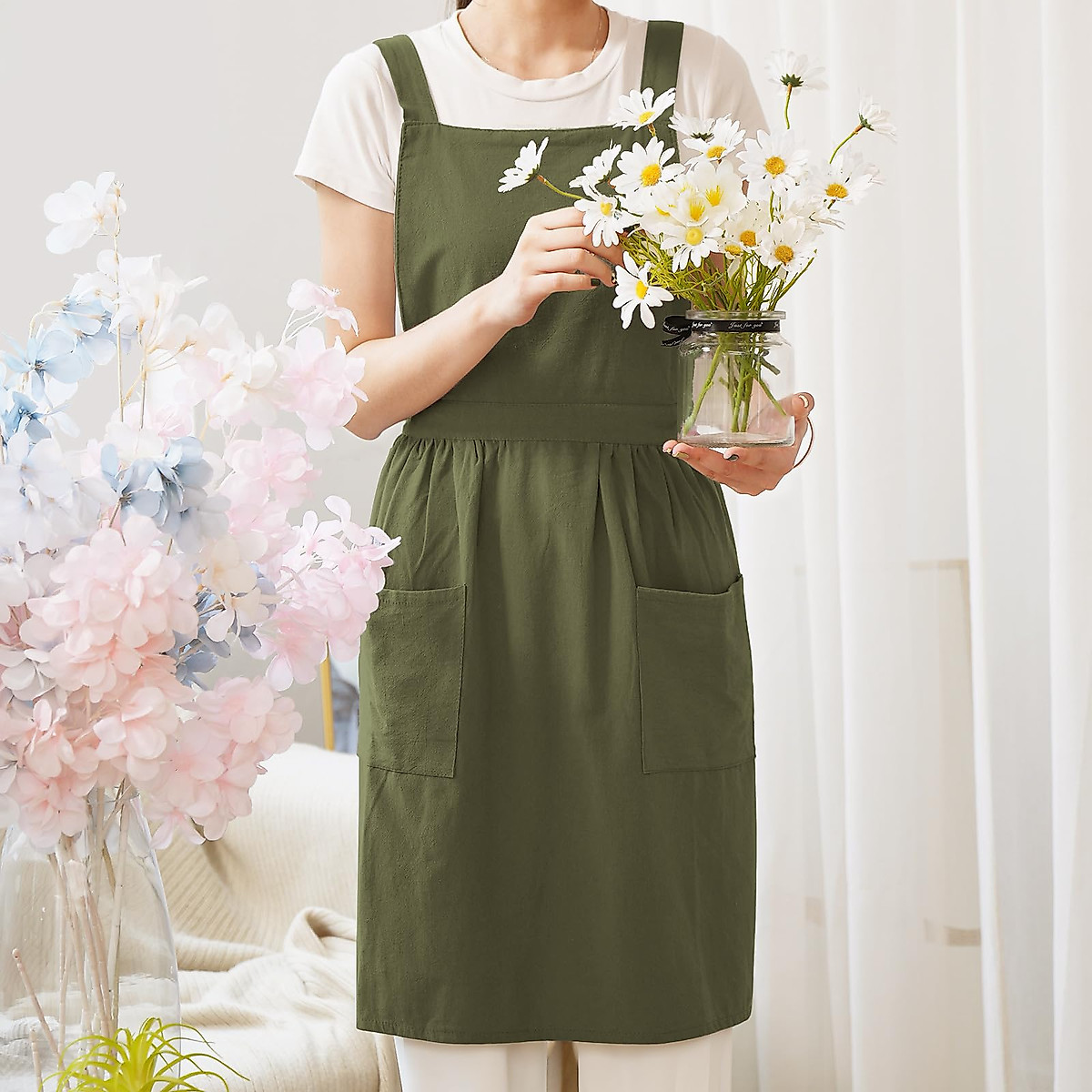 Pinknoke Cotton Linen Pinafore Apron Dress for Women with Pockets Cute Art Chef Aprons for Kitchen Baking Gardening Painting (Olive Green)