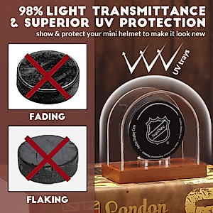 JupDec Hockey Puck and Collectibles Display Case, Premium Acrylic Clear Box Puck Holder with Mahogany Wood Base, Showcase for Autographed Souvenir Memorabilia, Collectible Figure Stand