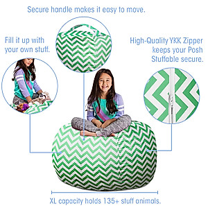 Posh Stuffable Kids Stuffed Animal Storage Bean Bag Chair Cover - Childrens Toy Organizer, X-Large 48" - Pattern Chevron Green and White