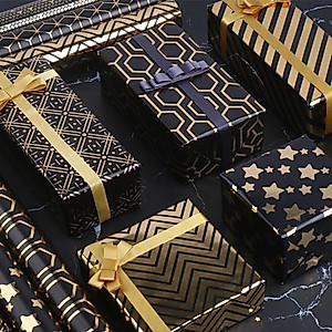 BEISHIDA 6 Styles Christmas Gift Wrapping Paper Set with Ribbon&Double-Sided Tape,Birthday Gift Wrapping Paper with Black Gold-Metallic Foil Design,DIY Craft,12 Sheets Folded 20x28in