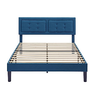 VECELO Queen Size Bed Frame with Adjustable Headboard, Upholstered Button Tufted Platform Bedframe with Wood Slats Support, No Box Spring Needed, Dark Blue
