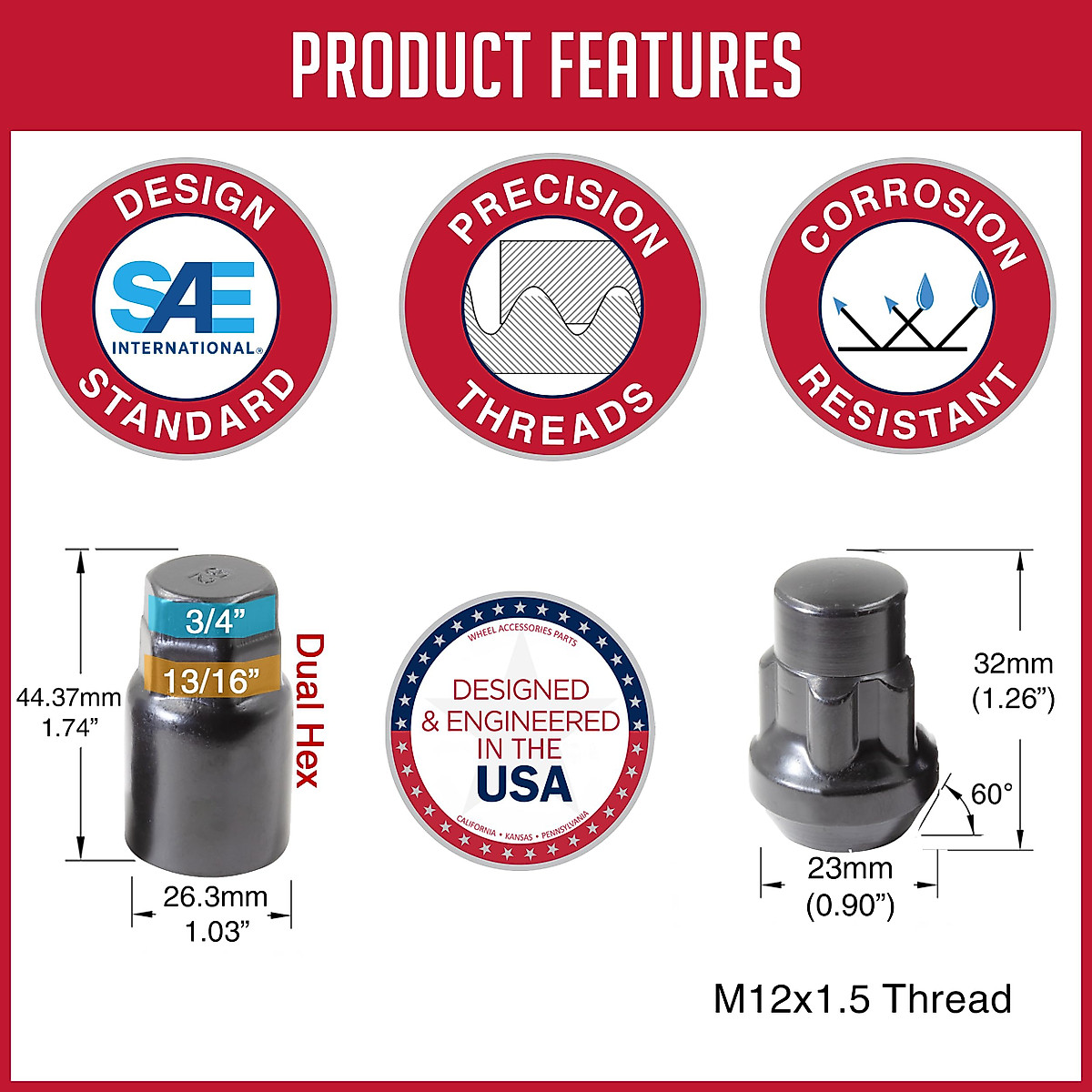 Wheel Accessories Parts 4 Locks + Key M12 x 1.5 12 x 1.5 Thread Closed End Bulge 1.38" Long Wheel Lug Nuts Lock Black Dual Hex Key 13/16" and 3/4" Fits Many Chevy Honda Toyota Pass Vehicles Lt. Trucks