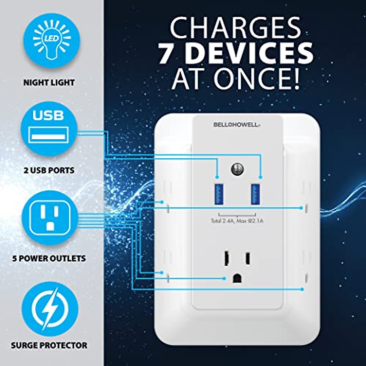 Bell+Howell Wall Power 7908 Surge Protector with Night Light (Automatic) and Device Holder, 5 Outlets 2 USB Ports Electrical Extender, White, 5.5" As Seen On TV
