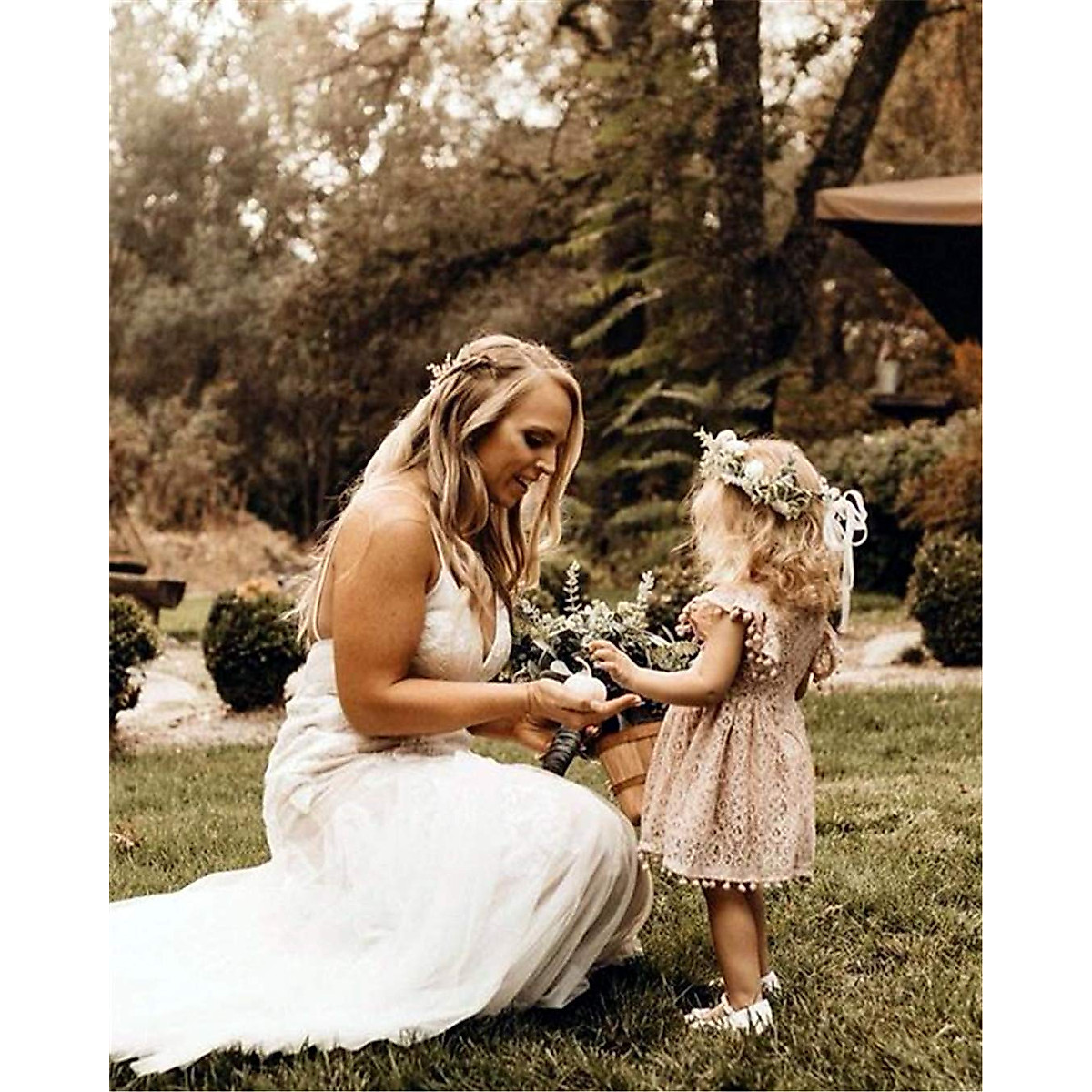 2Bunnies Girl Vintage Lace Pom Pom Trim Birthday Party Dress for Little Kid(Dusty Pink, 5)