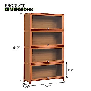 Magshion Bamboo 4-Tier Display Case Bookcase with Clear Acrylic Flip-Up Doors, Wide Brown Kitchen Cabinet Storage Pantry Cabinet Showcase Storage Cabinet Organizer - 31" L x 12.5" W x 54.5" H