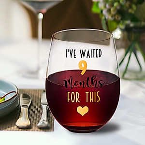 I've Waited 9 Months For This! Funny New Mom Stemless Wine Glass for Expectant Moms and Post Pregnancy Gifts, Funny 18 oz Stemless Wine Glasses for Women, Her, Mom on Mother's Day or Christmas