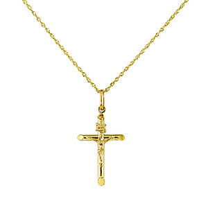 Pyramid Jewelry 14k Yellow Gold Jesus Crucifix Cross Pendant with Luxury Italian Chain (16 Inches)