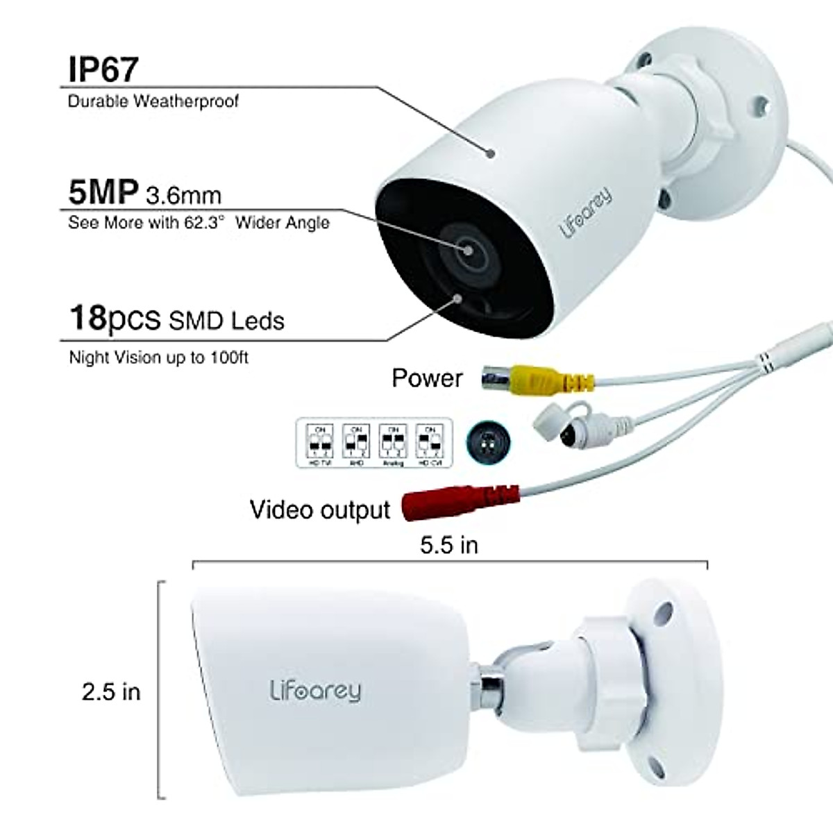 Lifoarey 5MP Outdoor CCTV Camera, Wired Security Camera, 4 in 1 TVI/CVI/AHD/CVBS, Full Time 24/7 Recording Surveillance, Compatible with 5MP DVR, Metal Housing, 100ft Black & White Night Vision, White