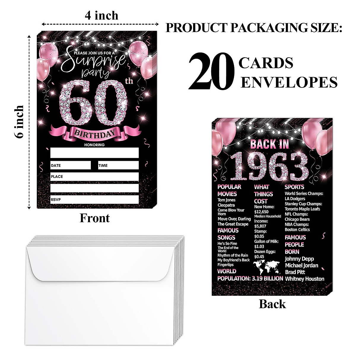 60th Birthday Party Invitation Card - Rose Gold Invites with Back In 1963 Poster Printing On The Back Double-Sided Fill-in Invites - 20 Cards with Envelopes for Party Favors - sr-06