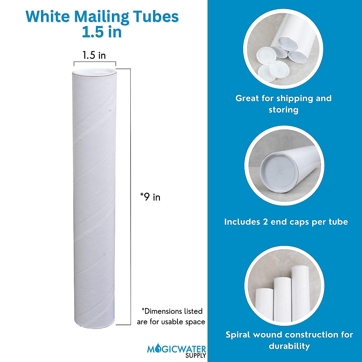 MagicWater Supply Mailing Tube - 1.5 in x 9 in - White - 12 Pack - for Shipping and Storage of Posters, Arts, Crafts, and Documents