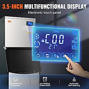 VEVOR Commercial Ice Maker, 450LBS/24H Ice Making Machine with 300LBS Large Storage Bin, 1000W Auto Self-Cleaning Ice Maker Machine with 3.5-inch Touchscreen for Bar Cafe Restaurant Business