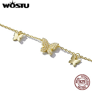 Dainty Butterfly Bracelet 925 Sterling Sliver Bracelet 14k Gold Plated Adjustable Chain with Cubic Zirconia Link Cute Animal Butterflies Gold Bracelet for Women Sparkling Jewelry