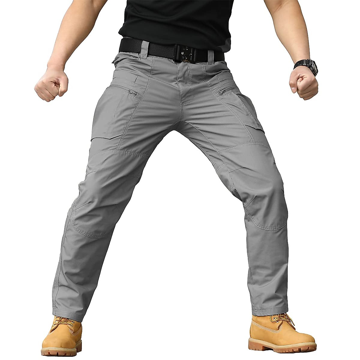 NAVEKULL Men's Work Cargo Pants for Men Rip Stop Tactical Pants Outdoor Hiking Camping Travel Pants Lightweight Water Resistant Waterproof Military Army Combat Trousers with Zipper Pockets Light Gray