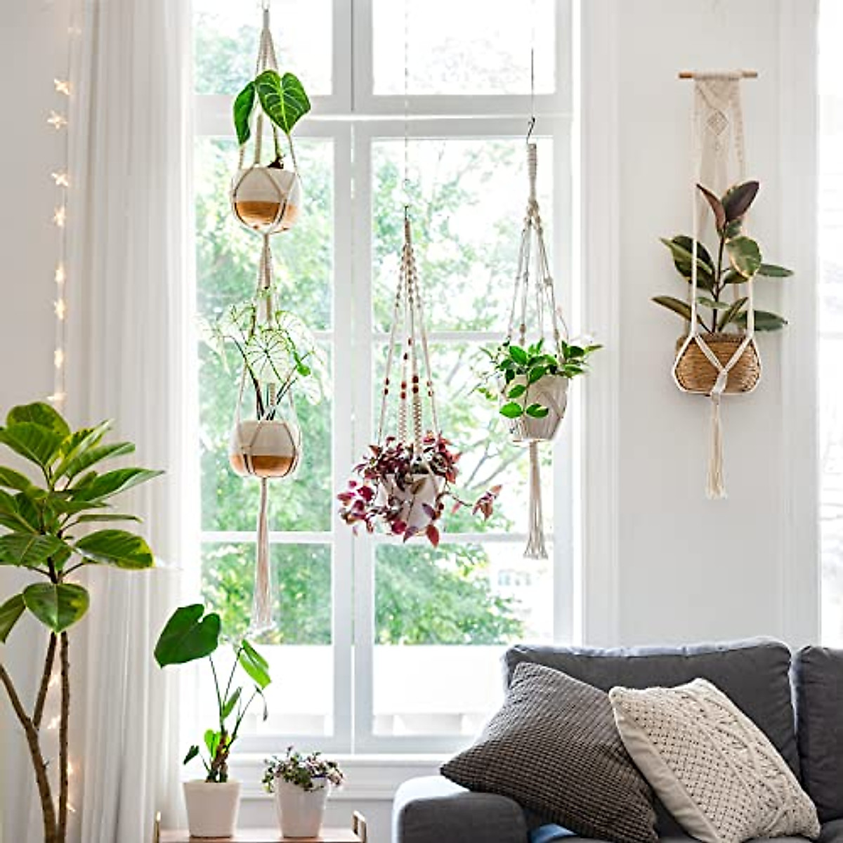Mkono Macrame Plant Hanger Indoor Outdoor Hanging Planter Basket Cotton Rope with Beads 35 Inch