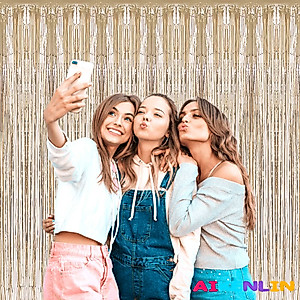 4 Pack 3.2Ft x 8.2Ft Champagne Gold Foil Fringe Curtain Backdrop, Metallic Tinsel Foil Fringe Streamers Curtains Background for Photo Booth, Birthday, Wedding, Halloween, Christmas Party Decoration