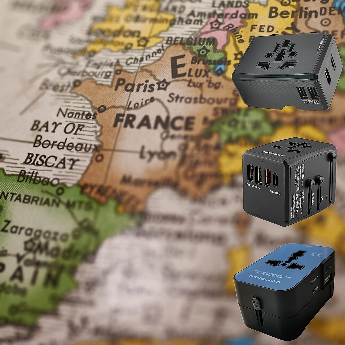 Universal Travel Adapter Worldwide International Plug Converter 30W 6A Pd 20W Type c QC3.0 USB 3A+1C All in One Multiple AC 8A sockets Outlet USA EU UK AUS FCC Listed