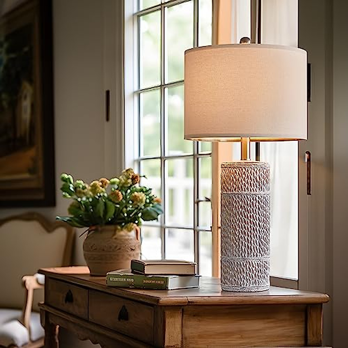 OYEARS 25.5 "Retro Farmhouse Table Lamps Set of 2 Woven Pattern Resin Bedside Lamps Classic Country Washed White Lamp for Bedroom Living Room Home Office